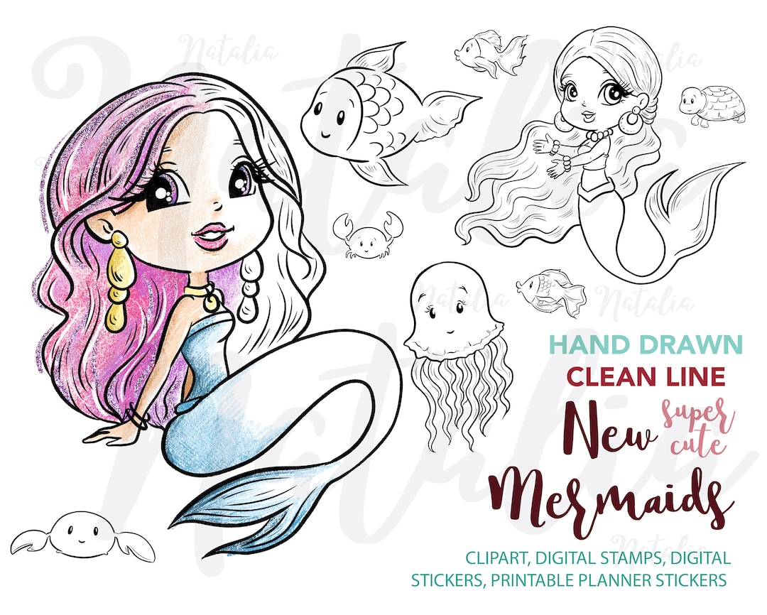 New Mermaids Digital Stamps Set, Mermaid Clipart, PNG, JPG Printable ...