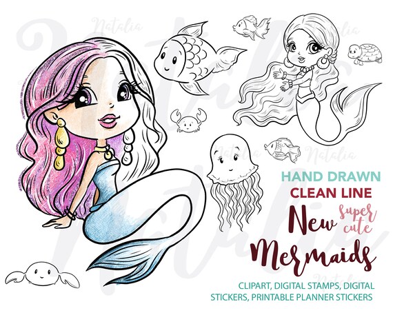 New Mermaids Digital Stamps Set Mermaid Clipart PNG JPG - Etsy