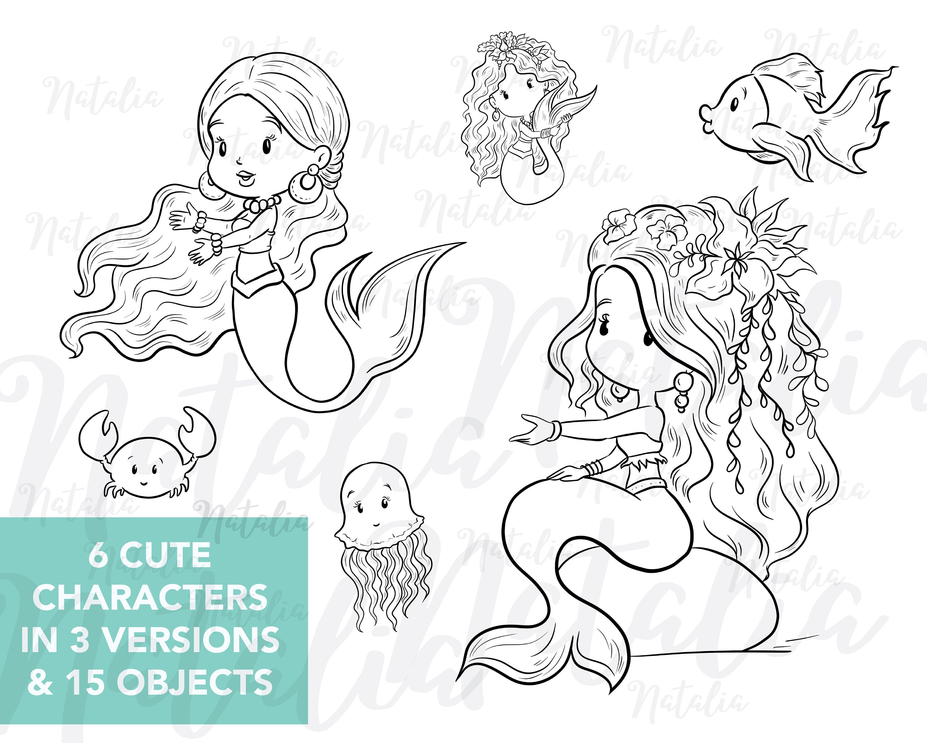 New Mermaids Digital Stamps Set, Mermaid Clipart, PNG, JPG Printable ...