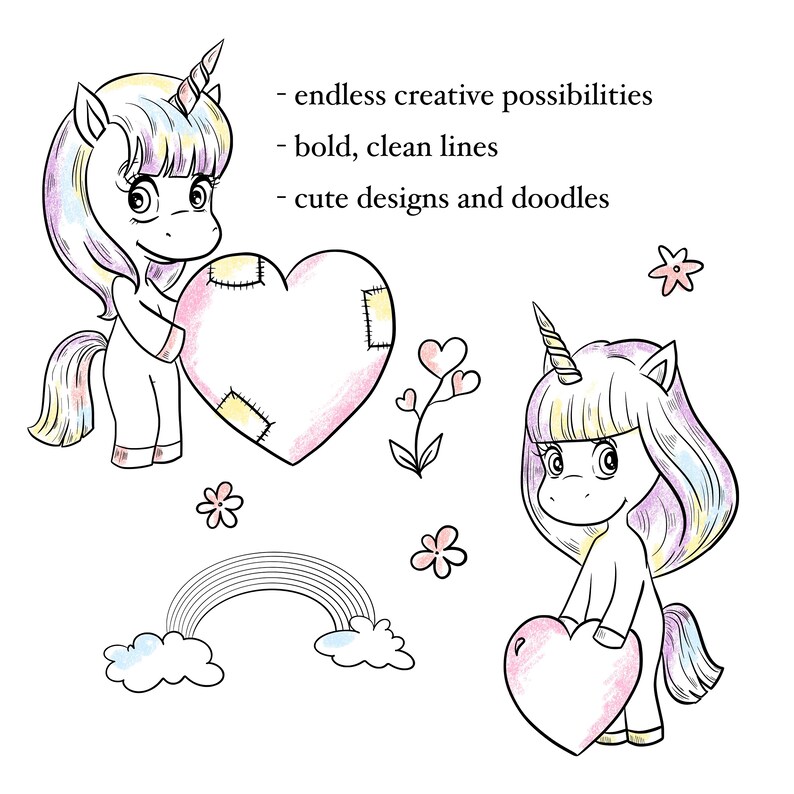 Unicorn Digital Stamps Set, Cute Unicorn Clipart for Coloring ...