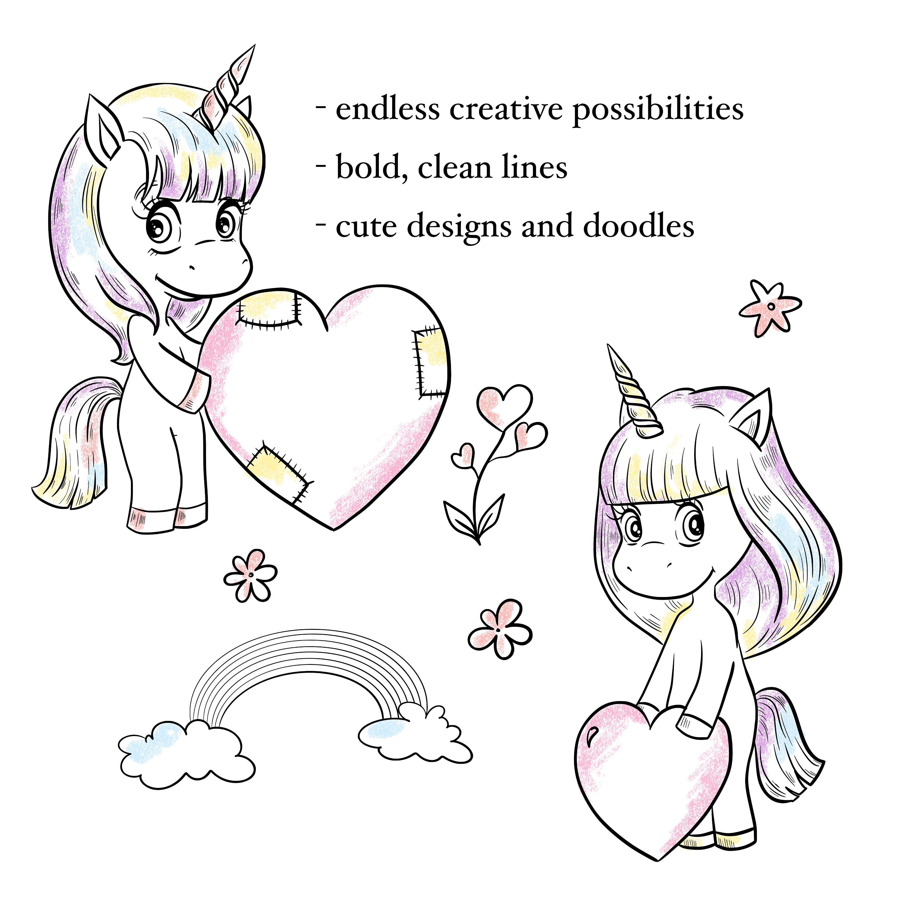 Unicorn Digital Stamps Set, Cute Unicorn Clipart for Coloring ...