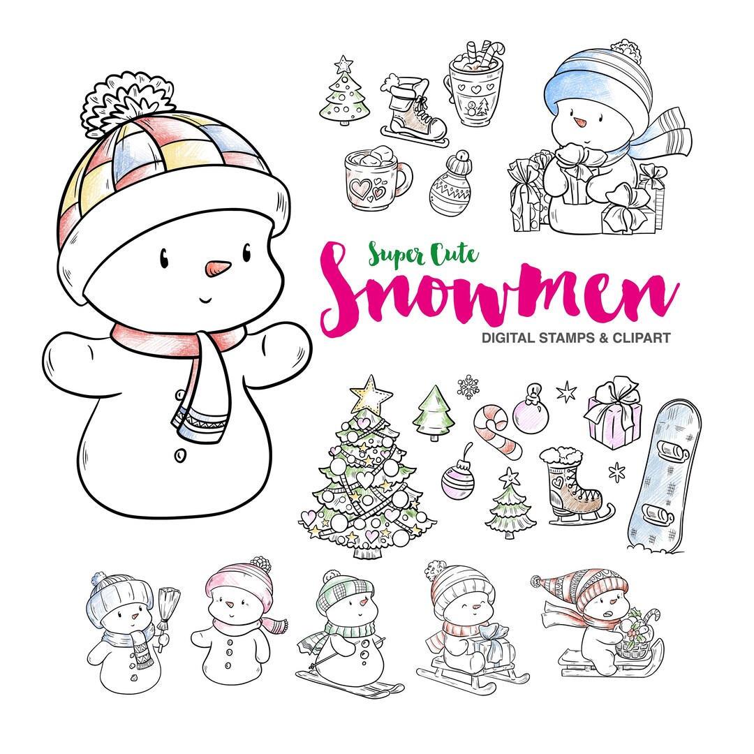 Cute Snowmen Digital Stamps & Clipart Printable Winter, Christmas ...