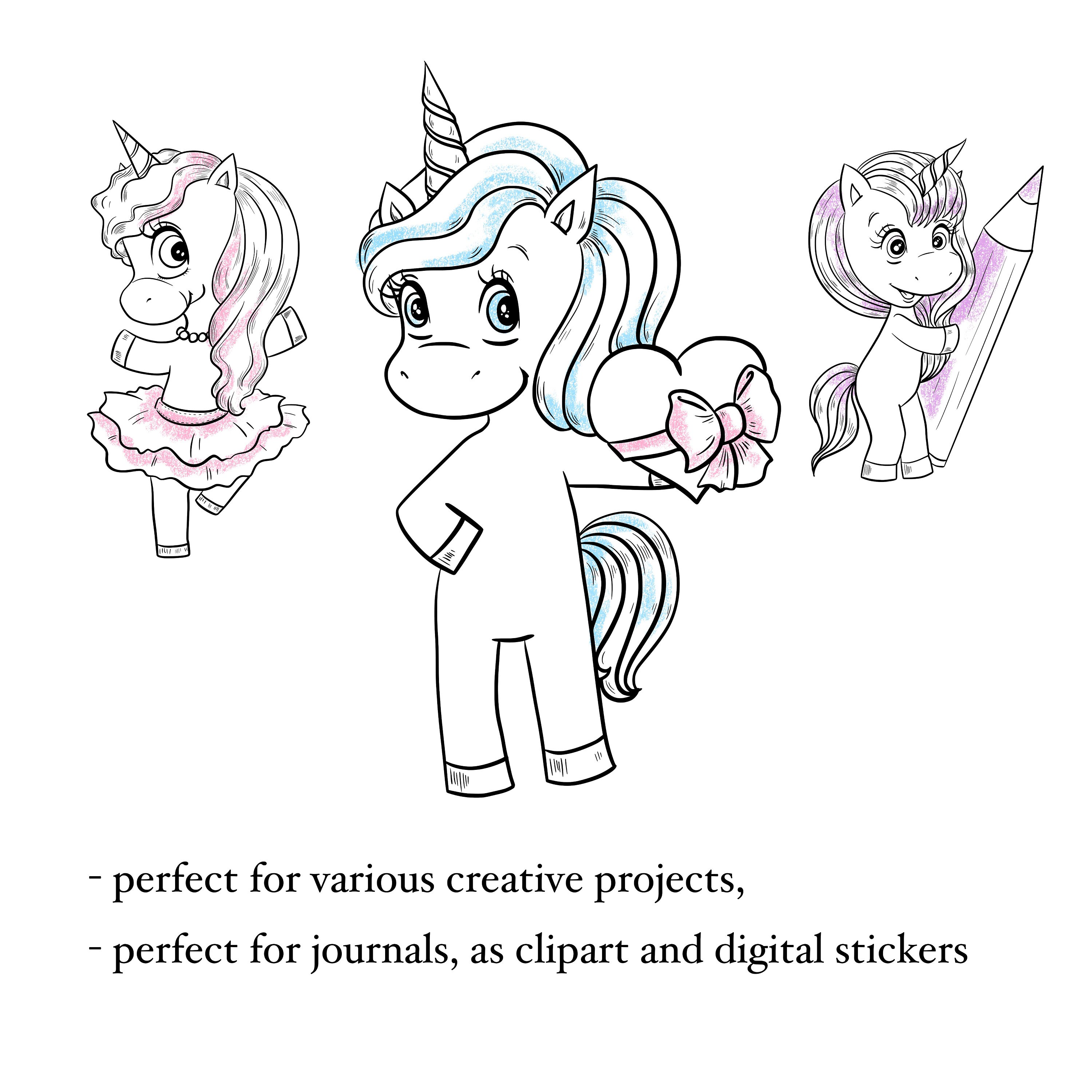 Unicorn Digital Stamps Set, Cute Unicorn Clipart for Coloring ...