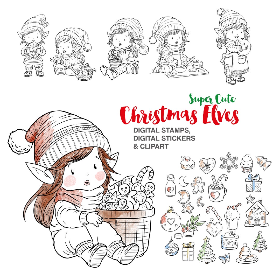 Cute Christmas Elves Digital Stamps, Digital Stickers Set Cute Elf ...