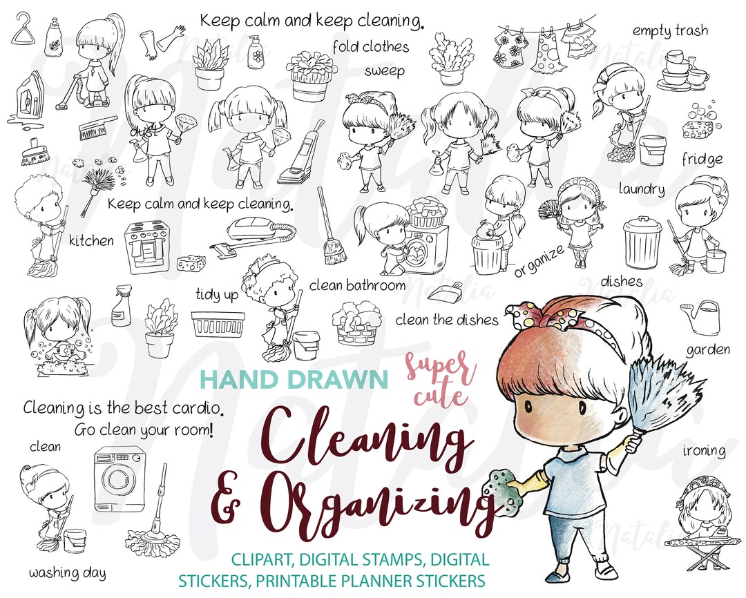 Sketchy Line Cleaning Digital Stamps, Organizing Planner Stickers, PNG ...