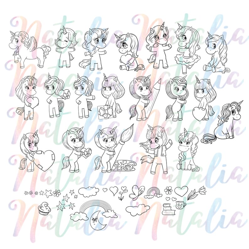 Unicorn Digital Stamps Set, Cute Unicorn Clipart for Coloring ...