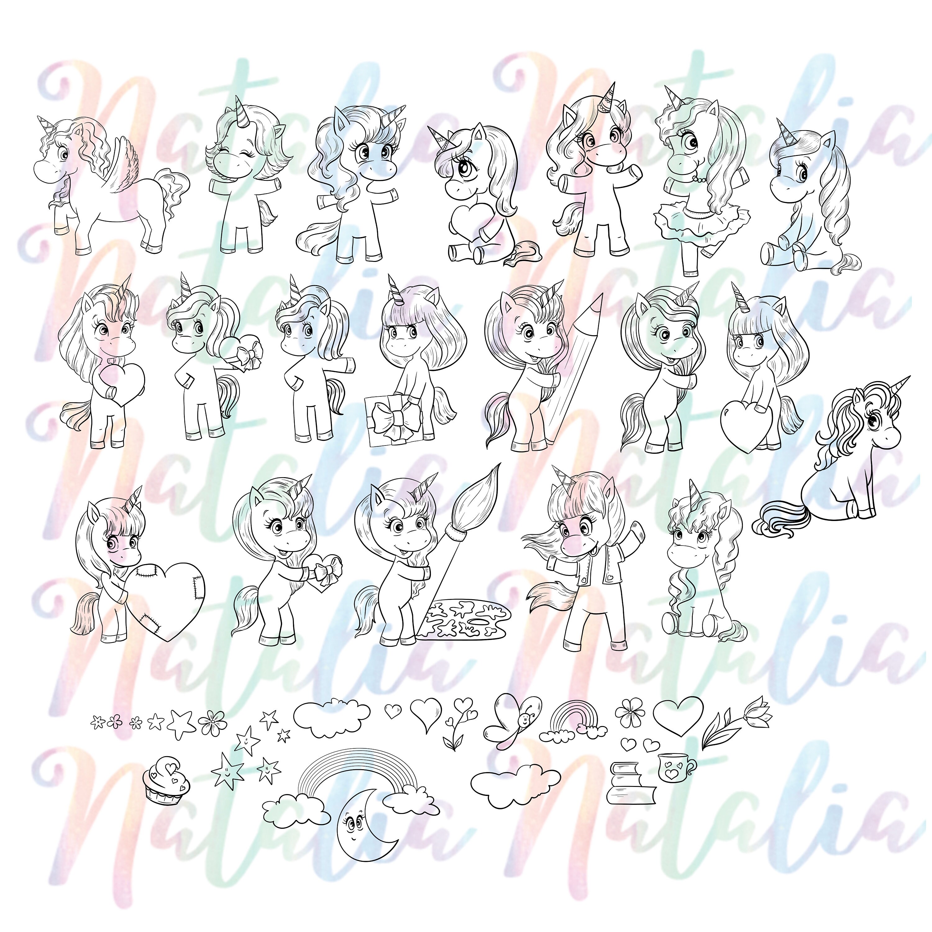 Unicorn Digital Stamps Set, Cute Unicorn Clipart for Coloring ...