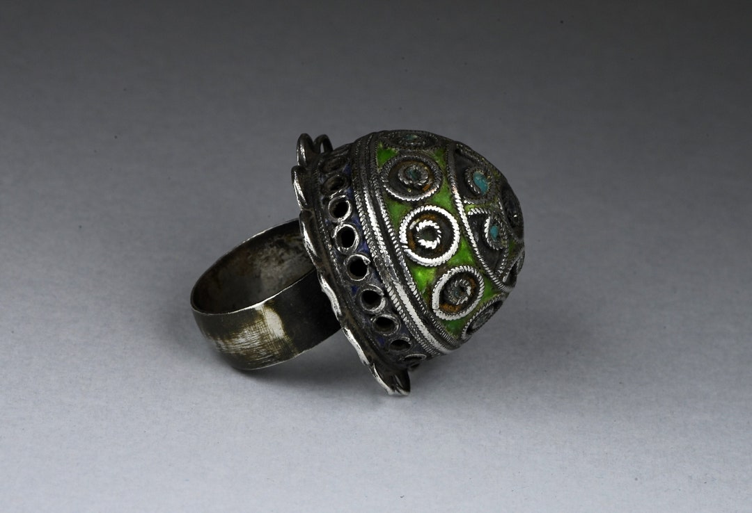 Antique Large Solid Silver Enamel Ring - Etsy