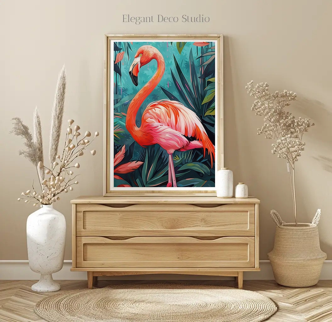 Poster of a Pink Flamingo in the Jungle With Vibrant Tropical Foliage ...