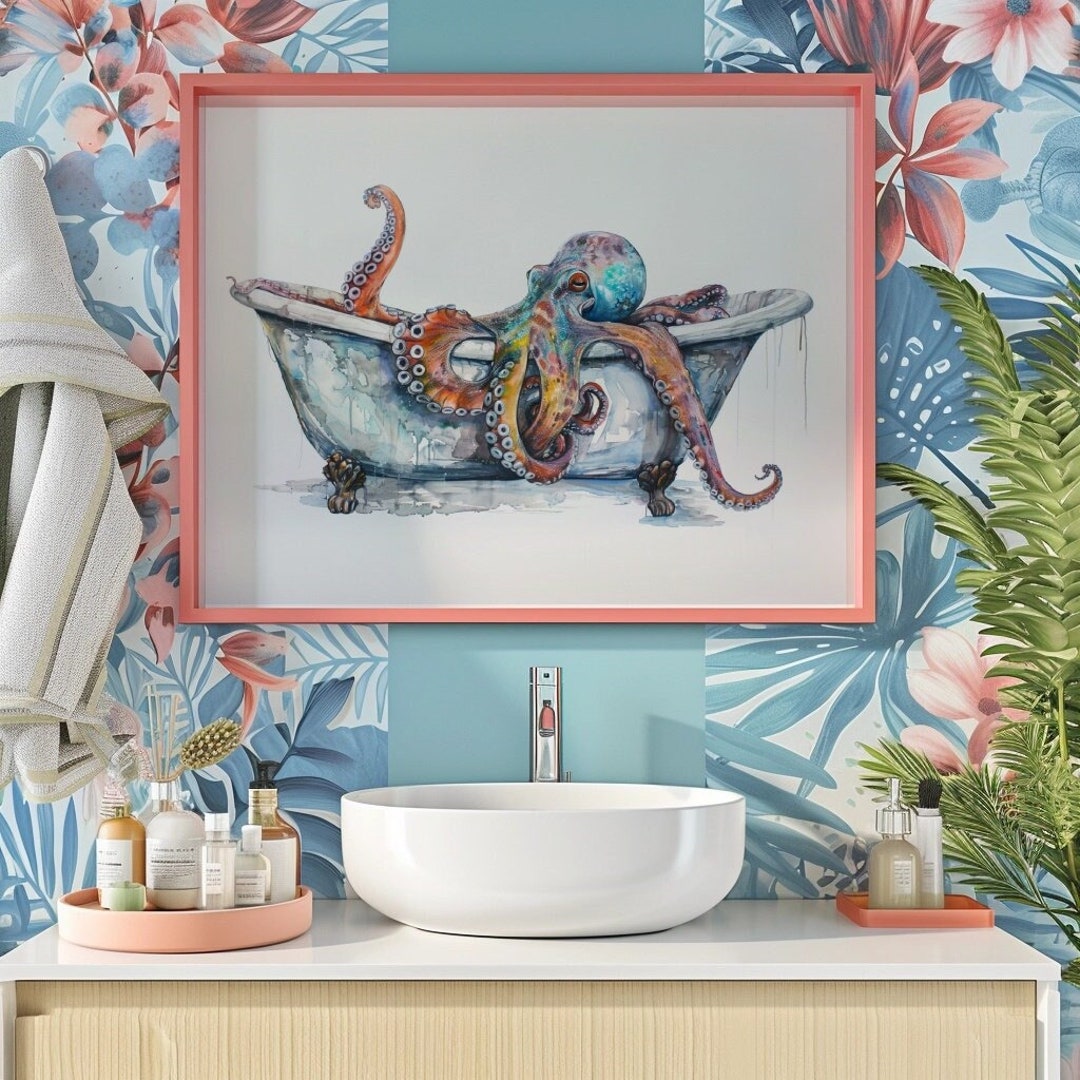 Octopus in a Bathtub Print Octopus Wall Art Bathroom Wall Art Print ...