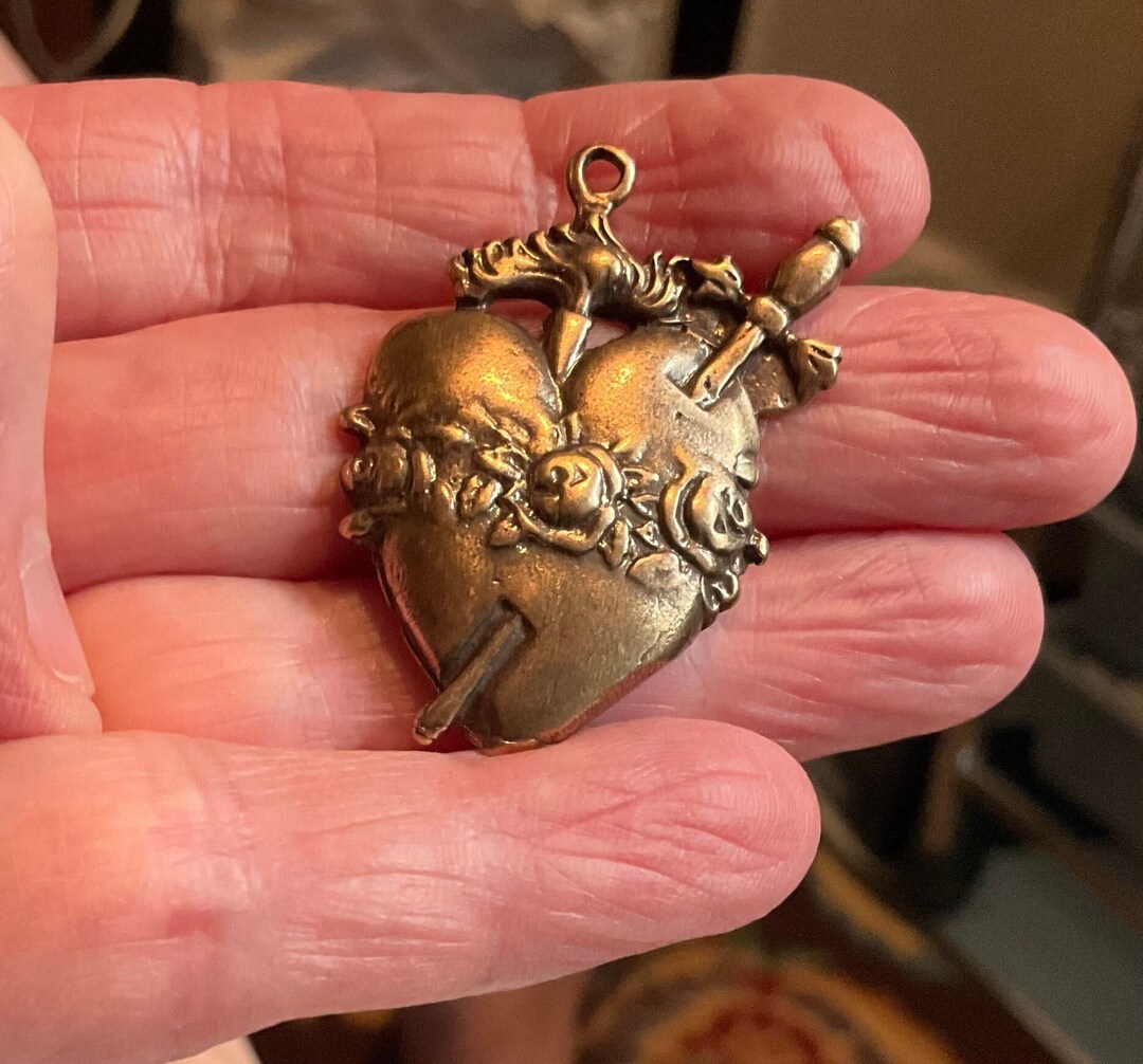 Charm Pendant Pierced Heart Roses Sword Bronze - Etsy