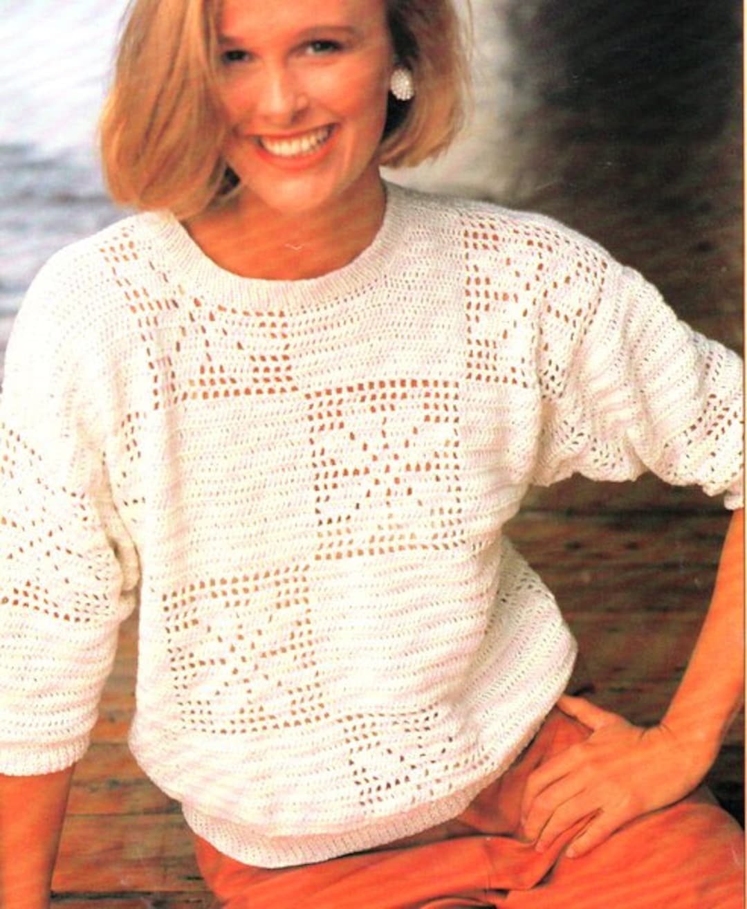 Womens Crochet Top Filet Motif Sweater Round Neck - Cotton Dk 8 Ply & 4 ...