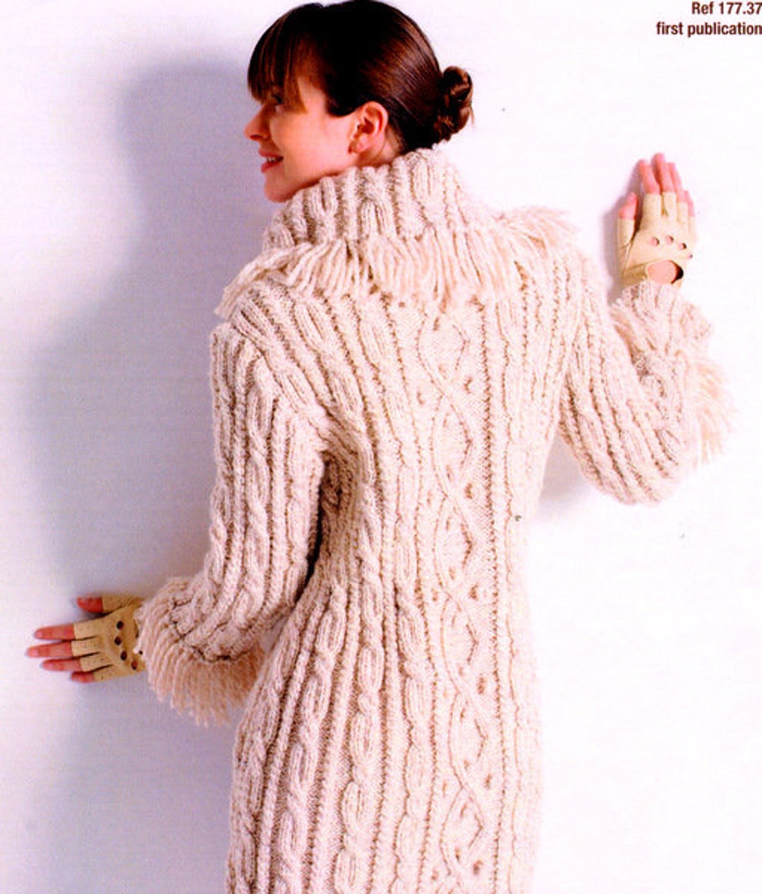 Woman Ladies Cable/bobble 3/4 Aran Coat Fringed Collar/cuffs 32 - 45 ...