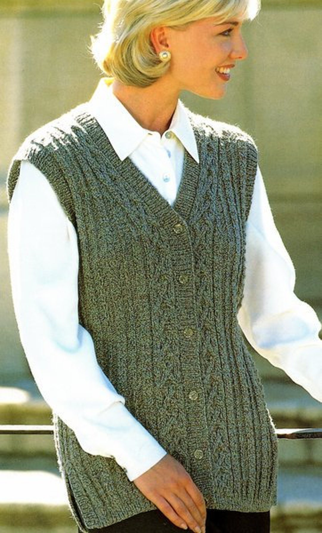 Celtic Entwined Cable Panel Ribbed Long Sleeveless Waistcoat V Neck ...