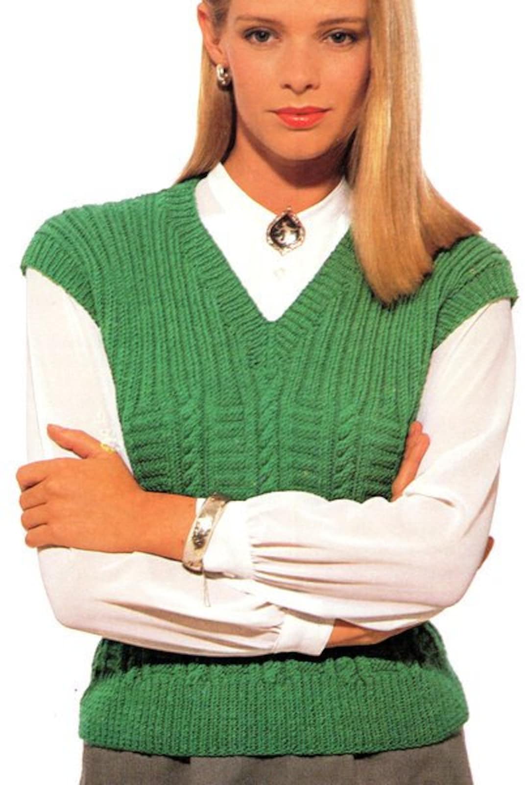 Cable V Neck Top Vest Slipover Cap Sleeve Pullover Textured Womens 32 ...