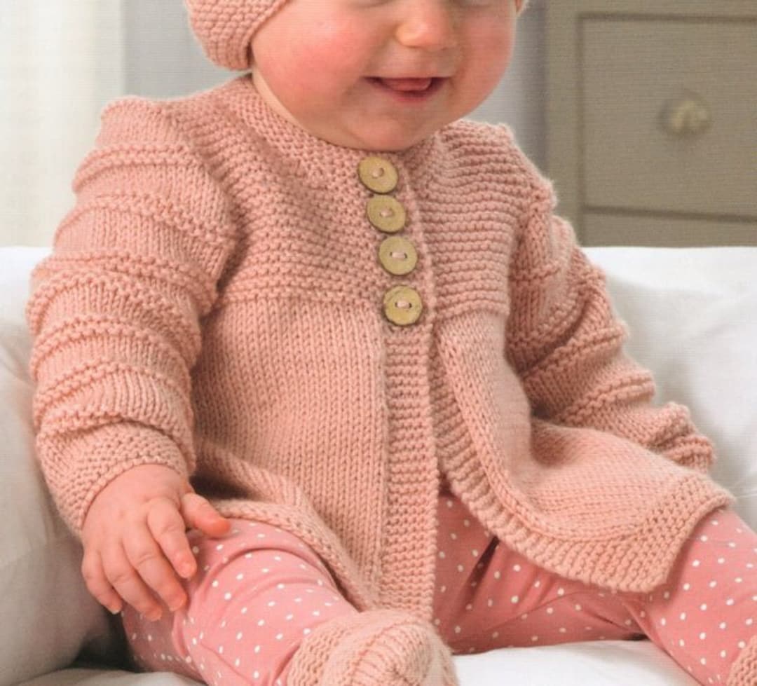 Easy Knit Baby Jacket Cardigan Hat Bootees 12" -20" ~ DK 8 Ply Light ...