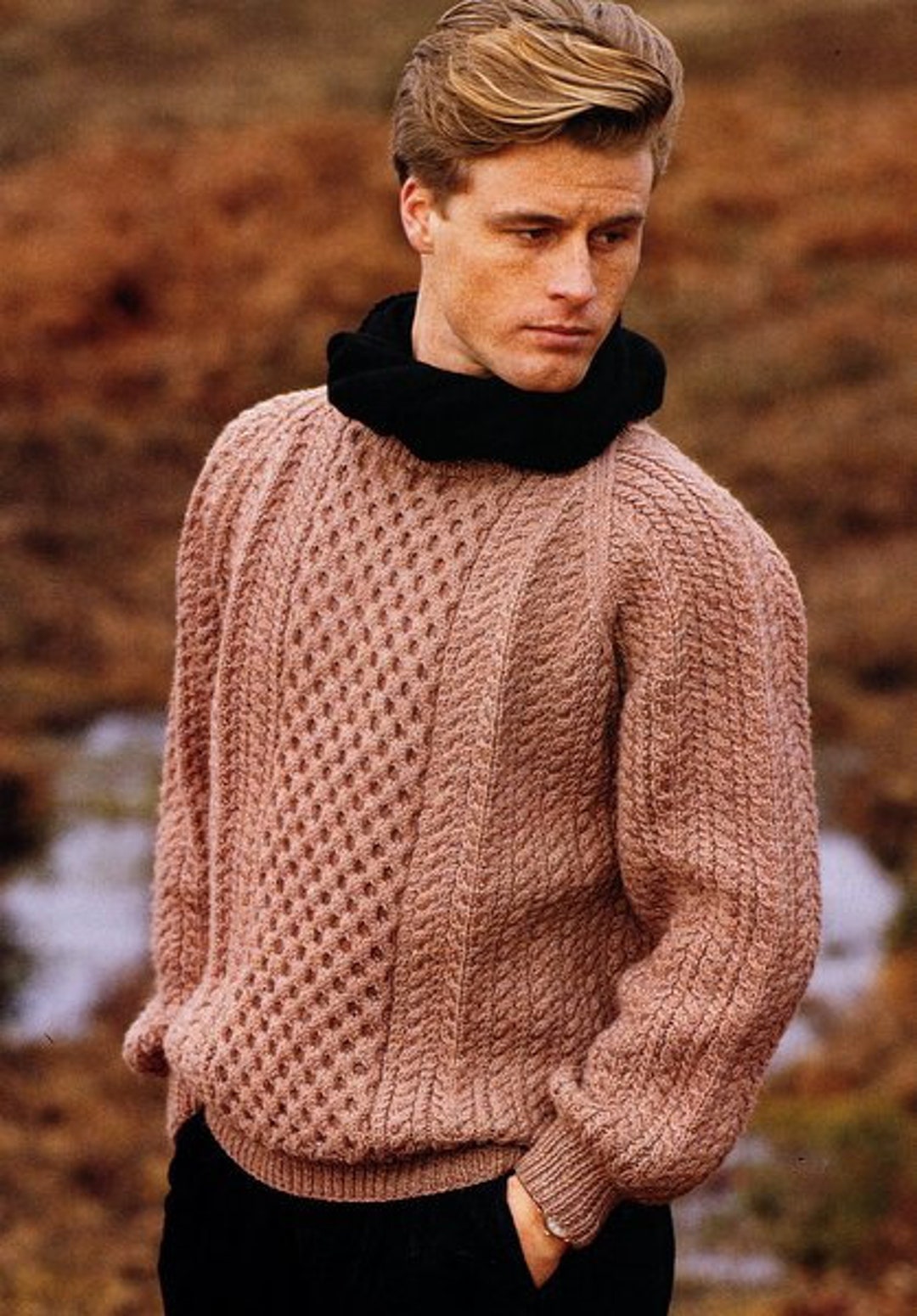 Mens Aran Sweater Round Neck Raglan Sleeve With Honeycomb and Cables 32 ...