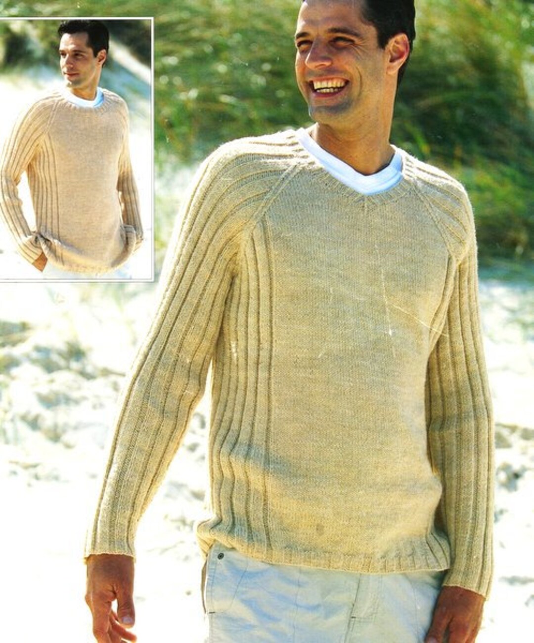Mens Sweater Rib Sweater Jumper Round or V Neck Raglan Sleeve Knitting ...