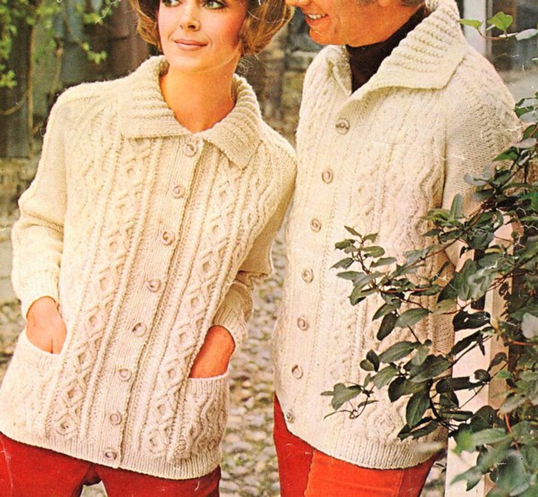 Classic Mans Womans Aran Raglan Traditional Cardigan- Collar Pockets ...