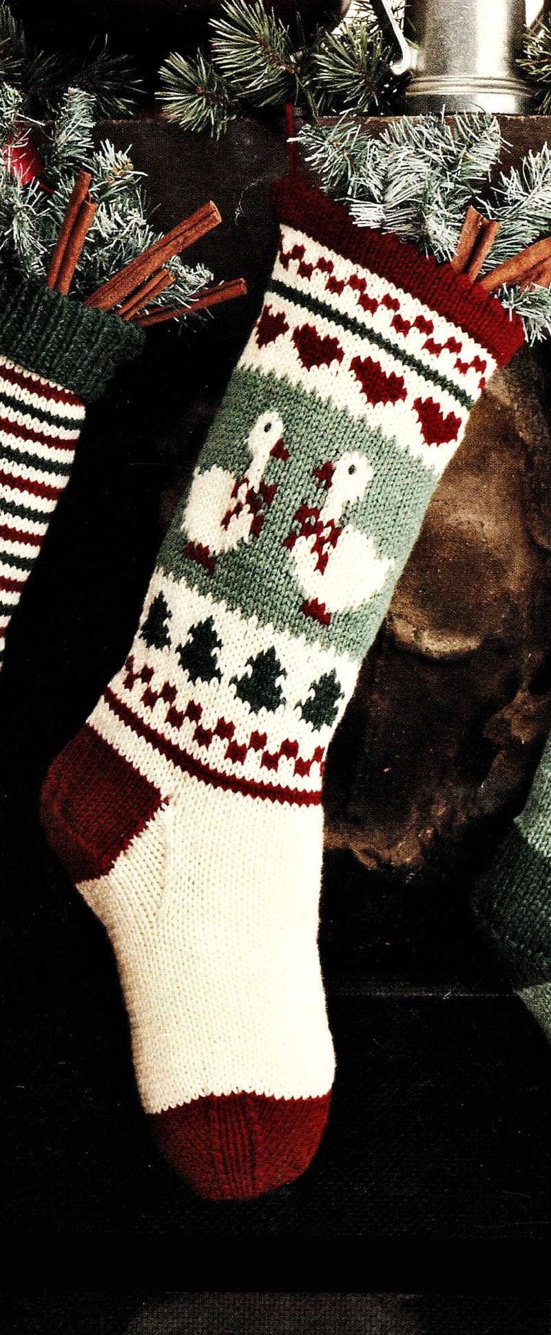 Vintage Knit Christmas Stocking Pattern Santa Geese Striped One Size ...