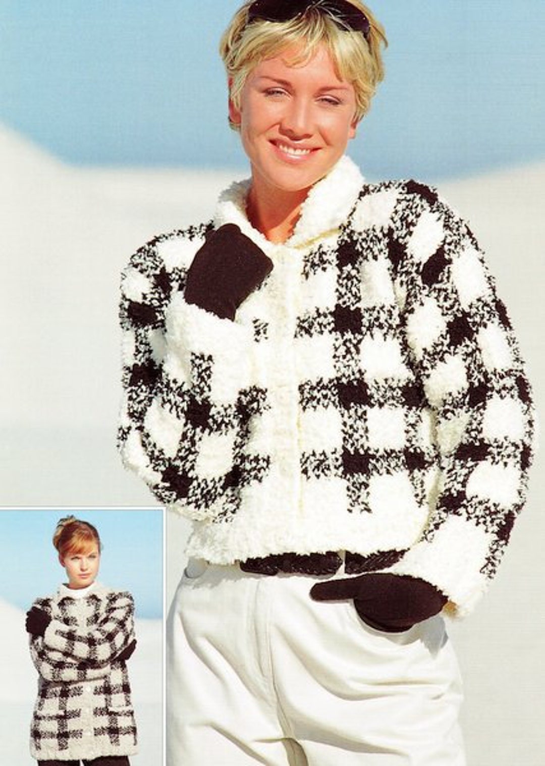 Womens Check Two Colour Snowflake Jacket & Coat Collar Pockets Intarsia ...