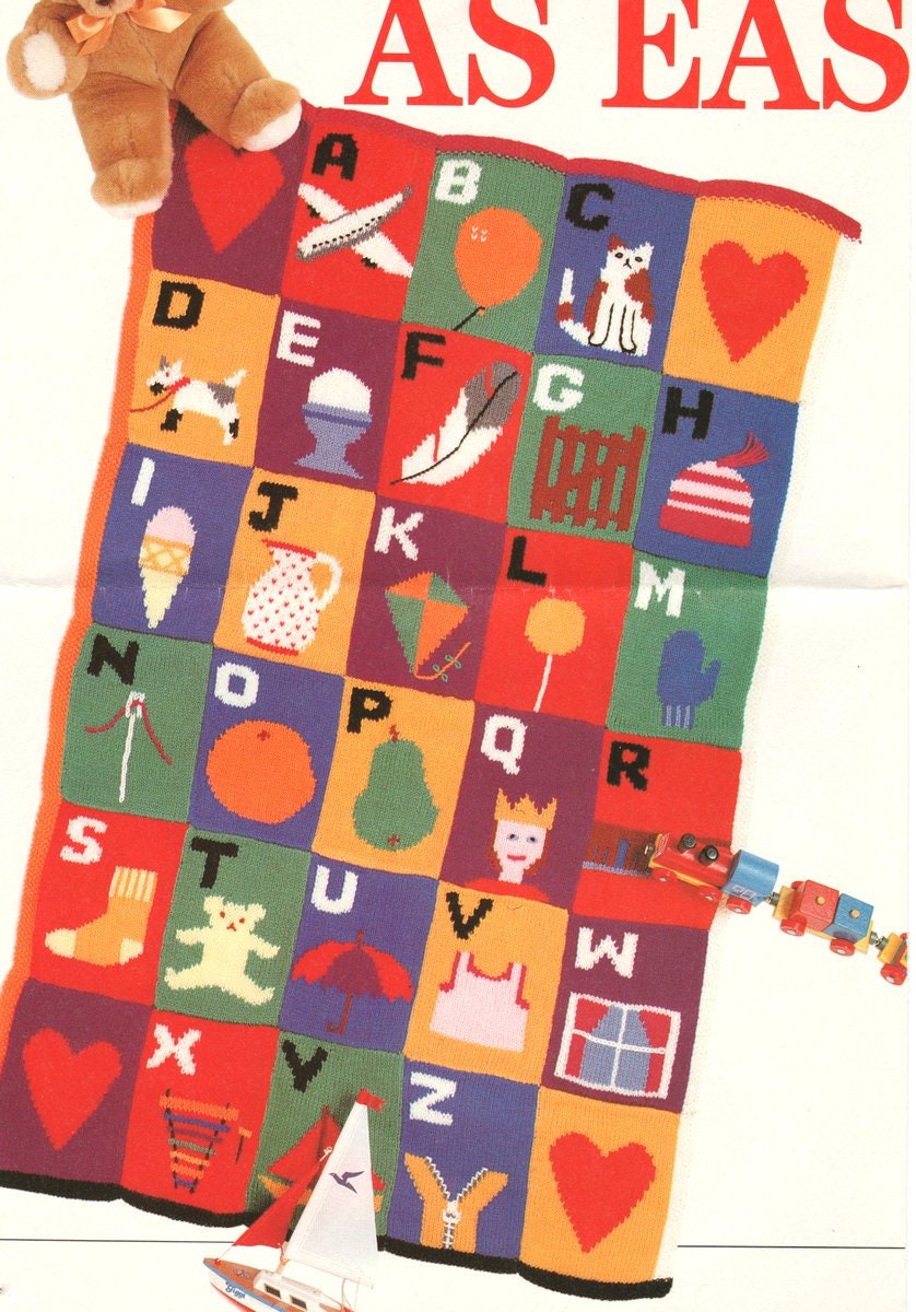 ABC Alphabet Motif Pictorial Squares Intarsia Baby Blanket 50" X 32 ...
