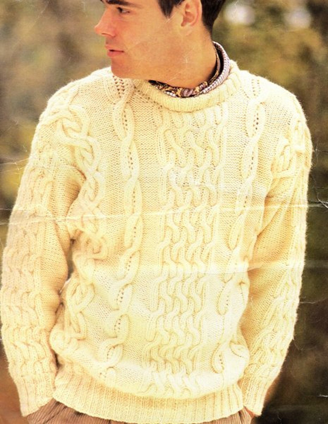 Mens Aran Crew Round Neck Cable Jumper Traditional Sweater 36"-44 ...