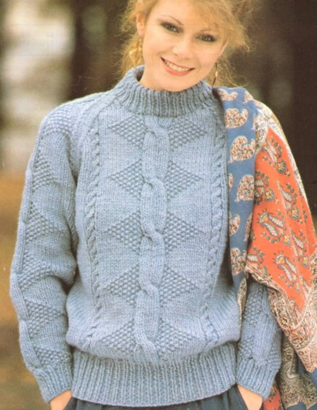 Unusual Cable Diamond Chunky Crew Round Neck Raglan Sweater Womans 32 ...