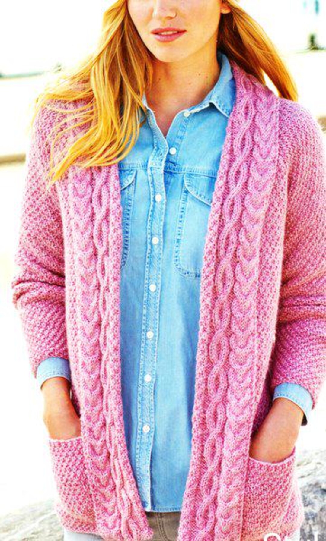 Womens Cable Cardigan Jacket Edge to Edge Long or Short Length Pockets ...