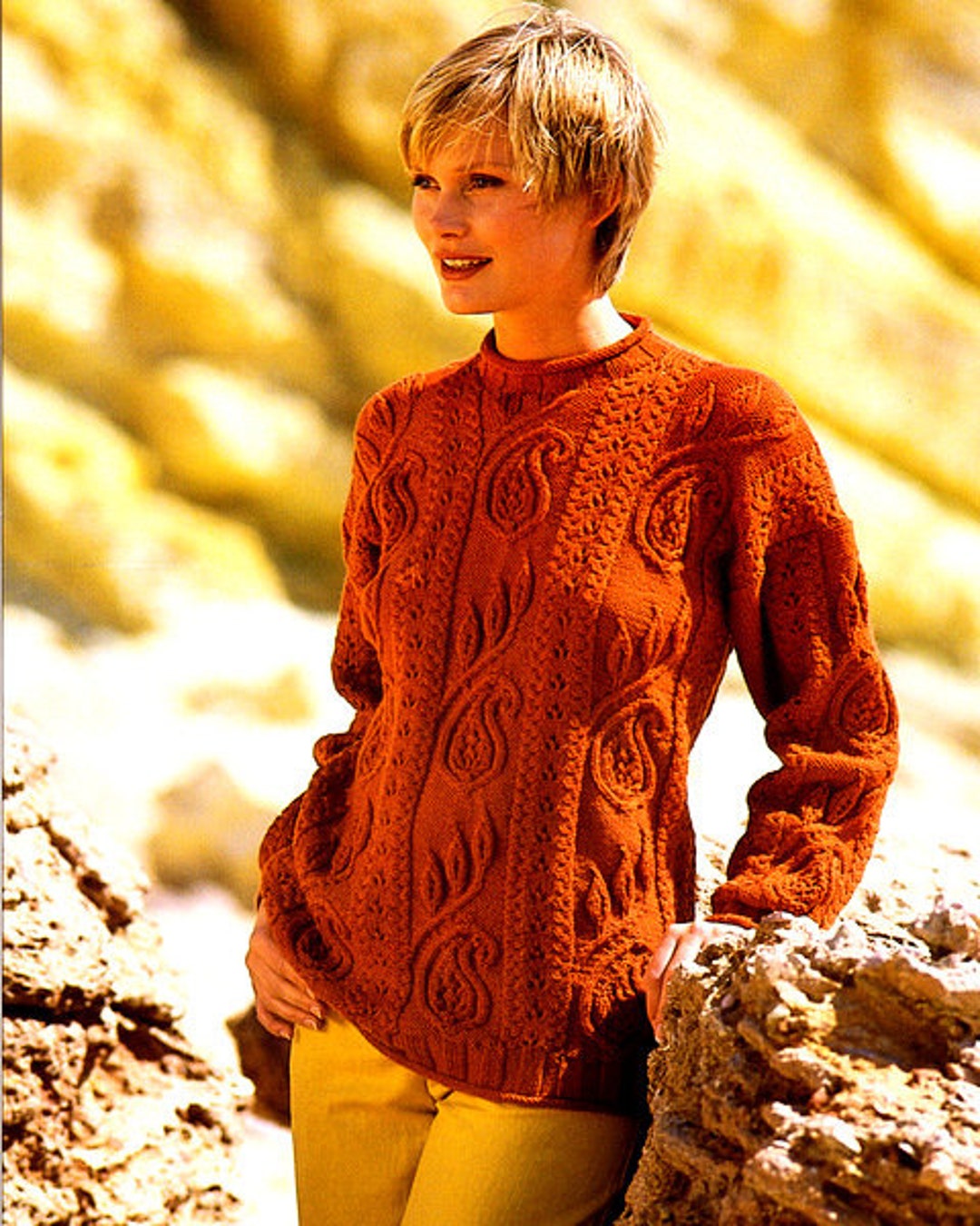Womens Paisley Pattern & Leaf Aran Style Long Sweater Knitting Pattern ...
