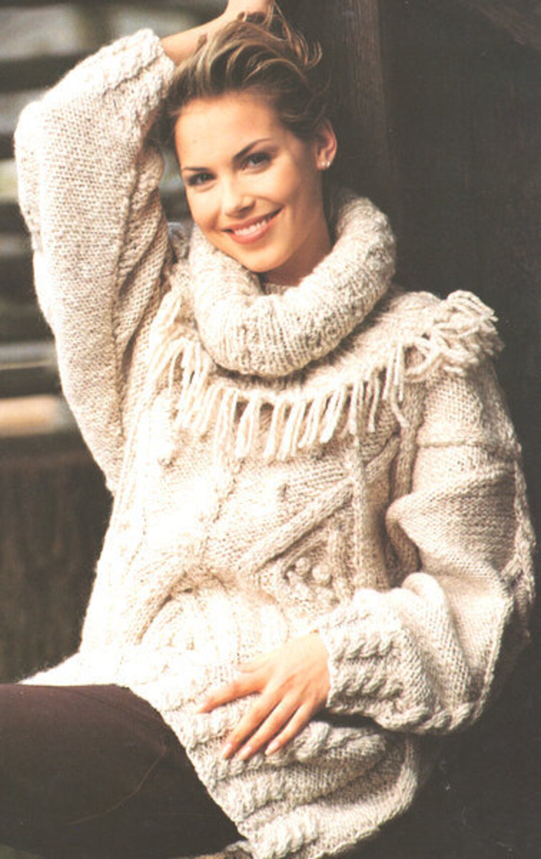 Womens Cable Bobble Fringed Sweater With Separate Roll Neck Collar 12 ...