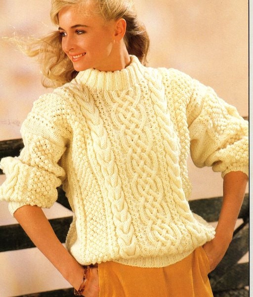 Celtic Knot Aran Cable Crew Neck Womens Ladies Sweater 32 Celtic Knot Aran Cable Crew Neck Womens Ladies Sweater 32