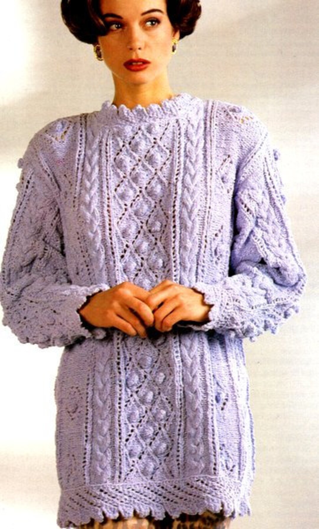 Woman's Longline Cable Bobble Diamond Panel Sweater Tunic Fancy Collar ...