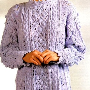 Woman's Longline Cable Bobble Diamond Panel Sweater Tunic Fancy Collar ...