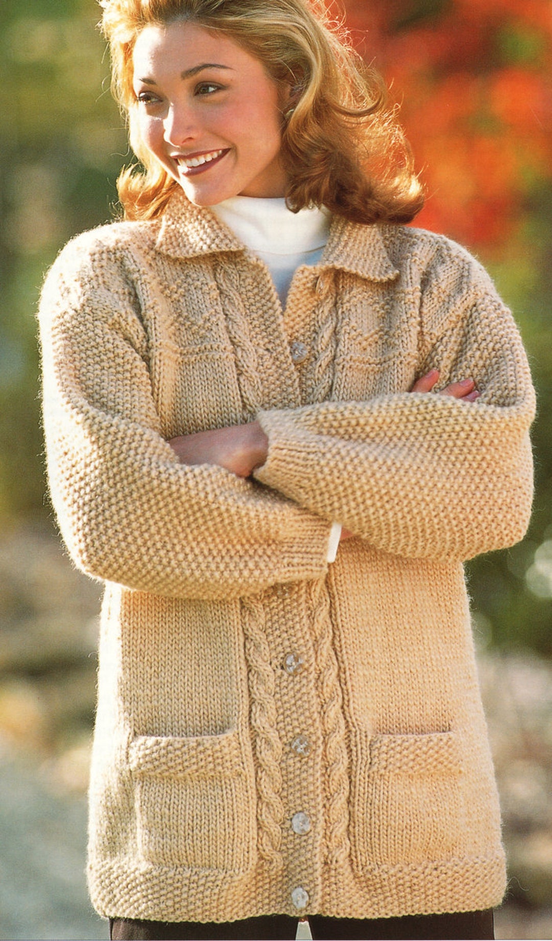 Womans Ladies Cardigan Longline Moss Stitch Chunky Cable Jacket Collar ...