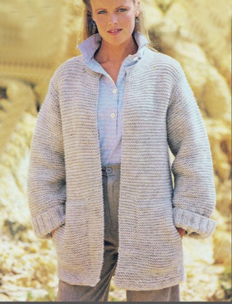 Easy Garter Stitch Woman's Chunky Edge to Edge Jacket Cardigan Pockets ...