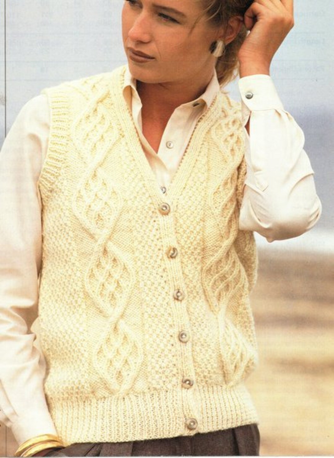 Womens Aran Waistcoat Vest With V Neck Traditional Cable Stitch 32 ...