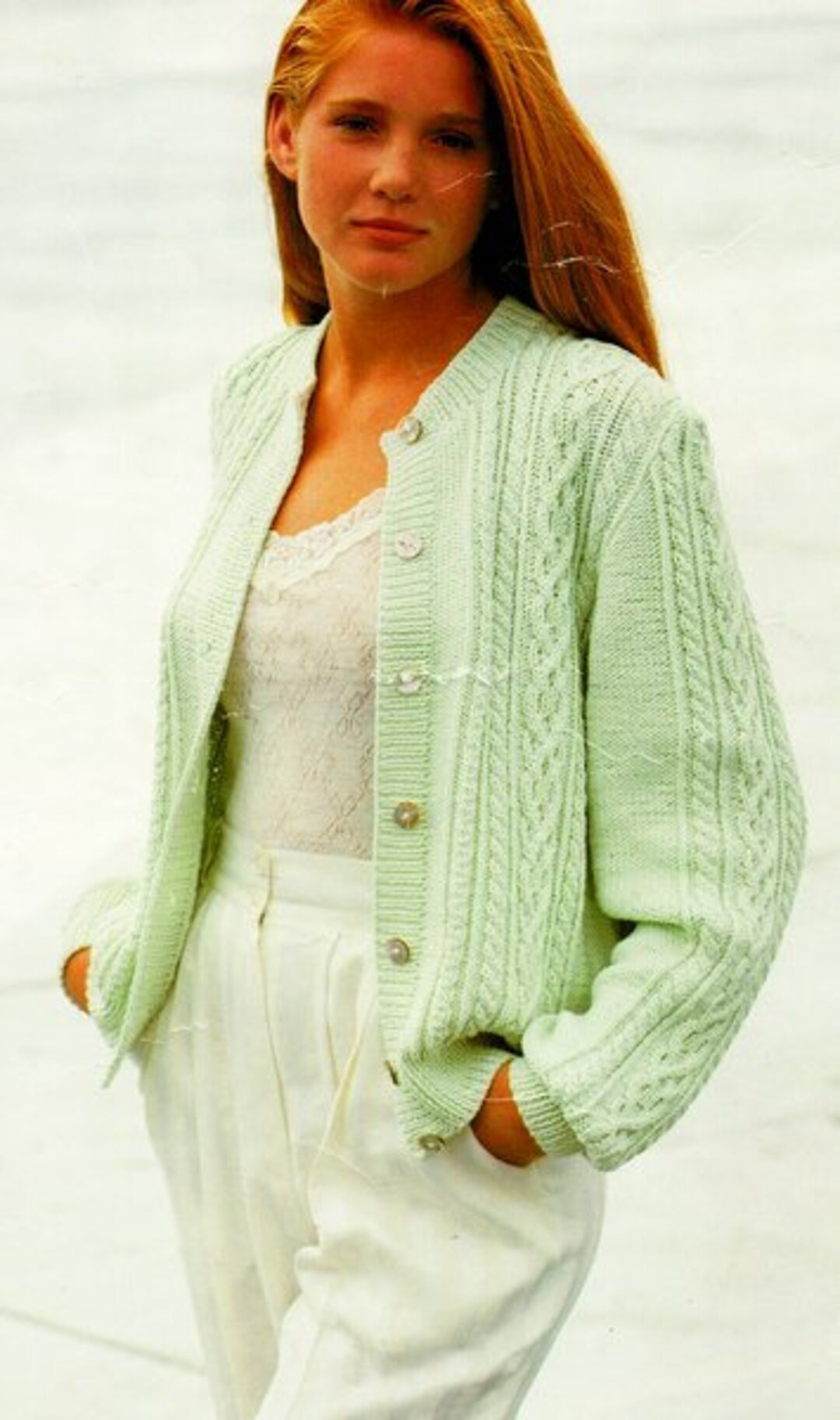 Womens Round Neck Cable Drop Sleeve Cardigan DK & Cotton DK 8ply Light ...