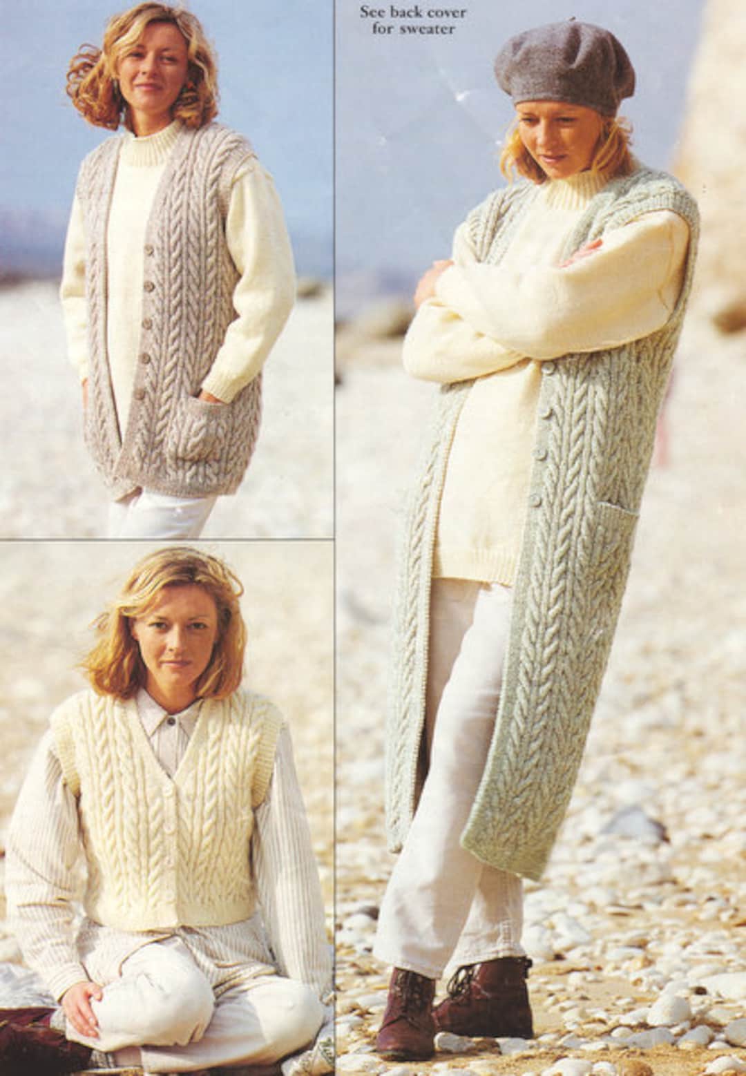 Womans Ladies Aran Cabled Gilet Waistcoat Pattern in 3 Lengths ...