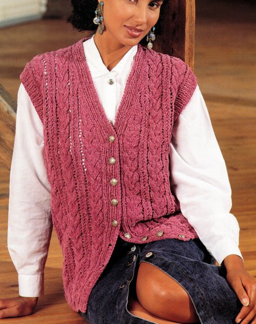 Woman's Cable Lace Long Waistcoat 30" - 40" Aran Chenille / 10 Ply ...