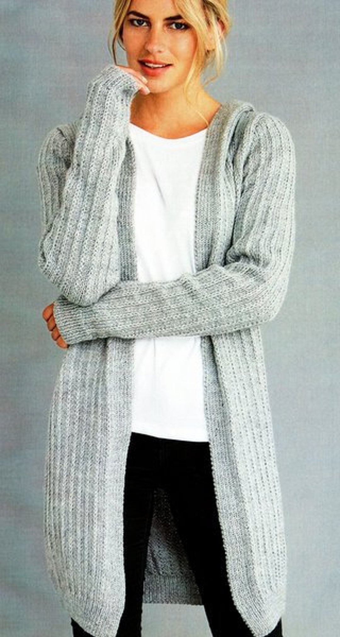 Woman's Easy Hooded Rib Longline Cardigan Jacket 32"- 50" Larger Sizes ...