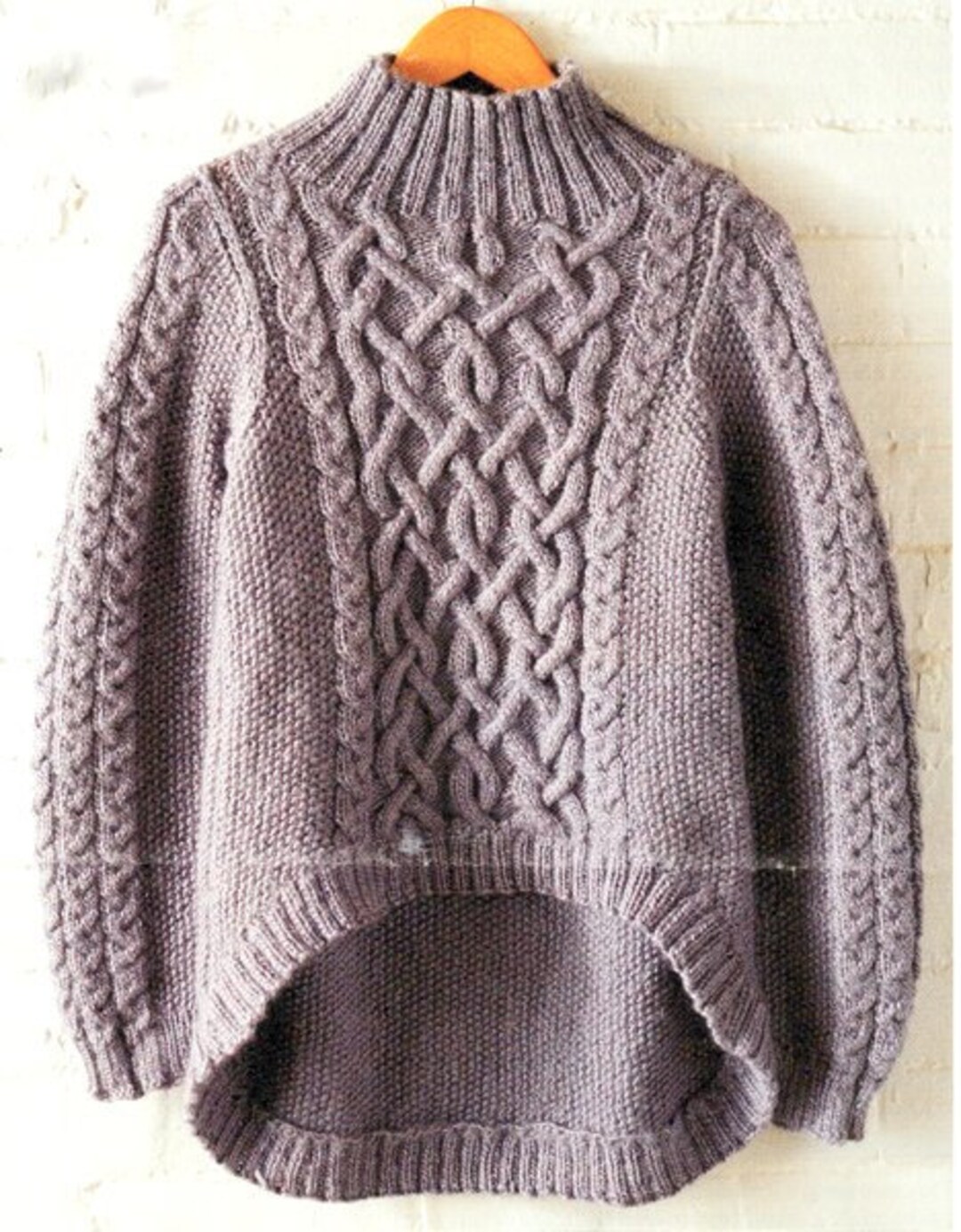 Unusual Curved Front Intertwined Cable Sweater High Ribbed Neck Womans ...