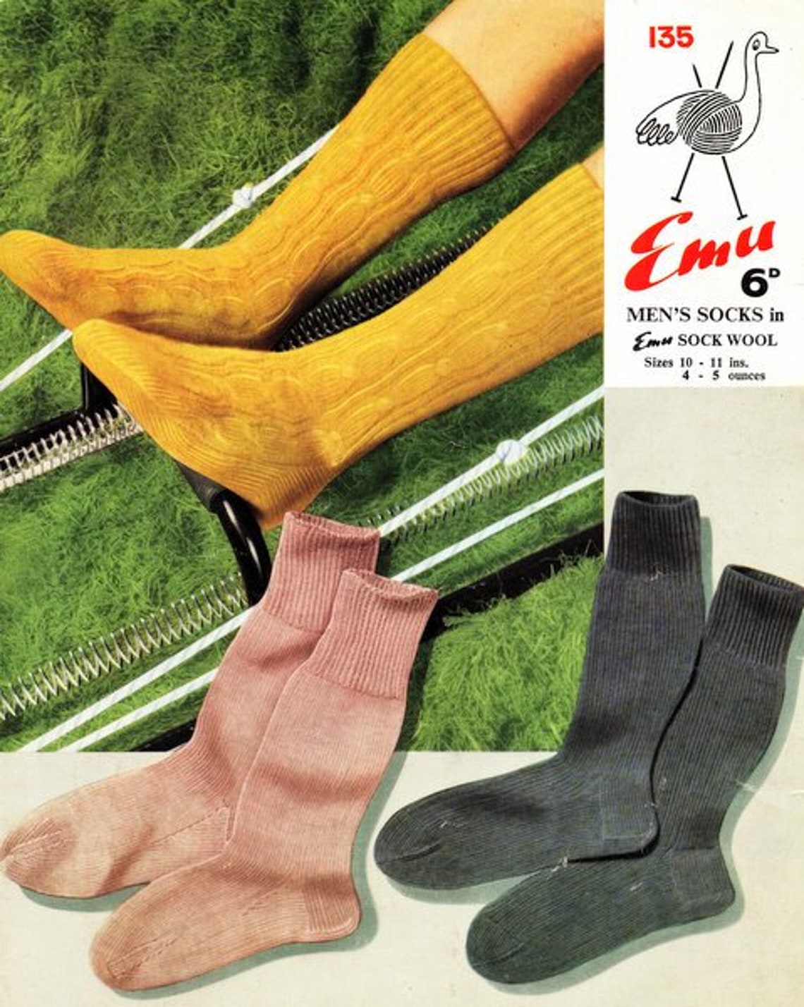 Mens Socks ~ Ribbed Plain & Cabled Worked on 4 Needles Length 10"- 11 ...