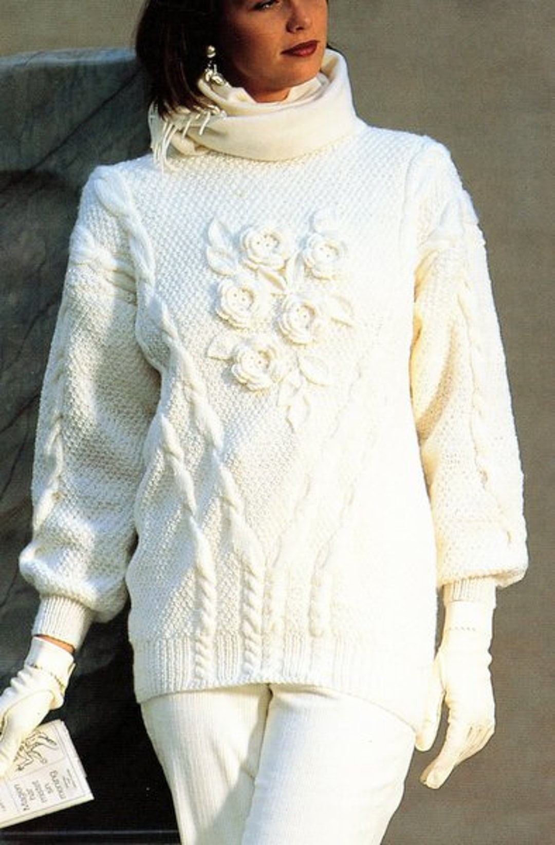 Unusual Cabled Aran Sweater, Crochet Applied Flower Leaf Panel, Woman's ...