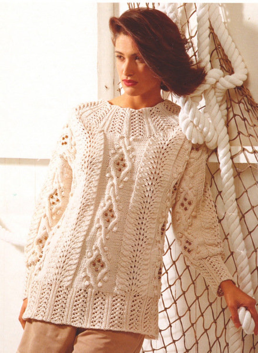 Womens Aran Sweater ~ Cotton Lace & Bobble With Optional Beads 32"- 42 ...