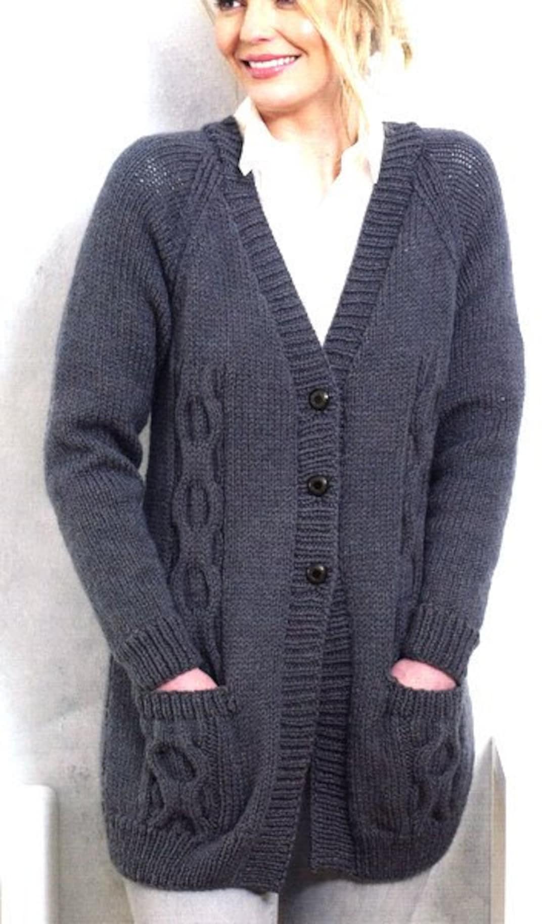 Longline Cable Panel Cardigan V Neck Jacket Cable Pockets Long & Short ...