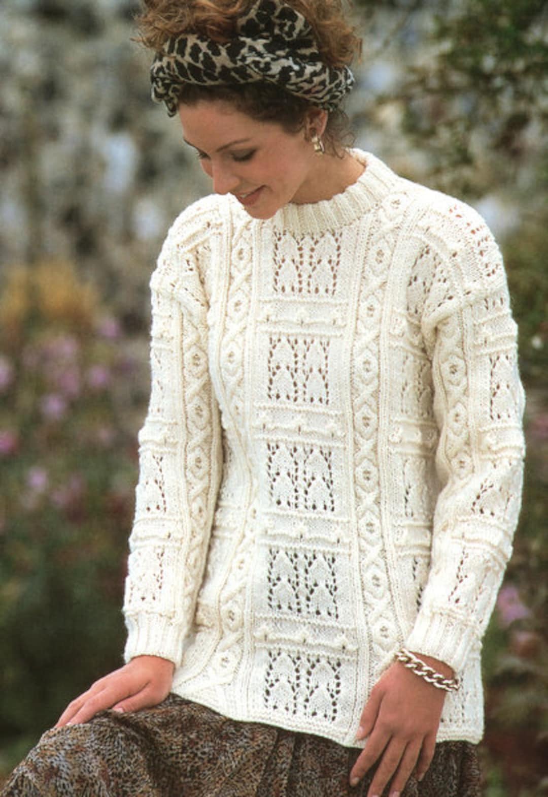 Womans Ladies Aran Wool Sweater Gothic Windows Cable Hugs and Kisses ...