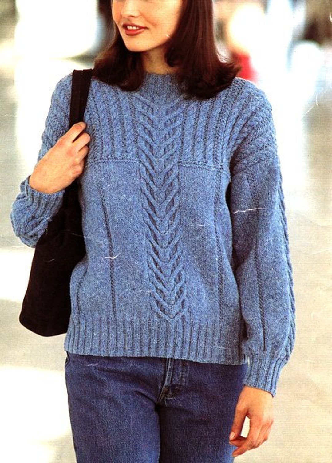 Womens Round Neck Cable Sweater Drop Sleeve Knitting Pattern 28" - 40 ...