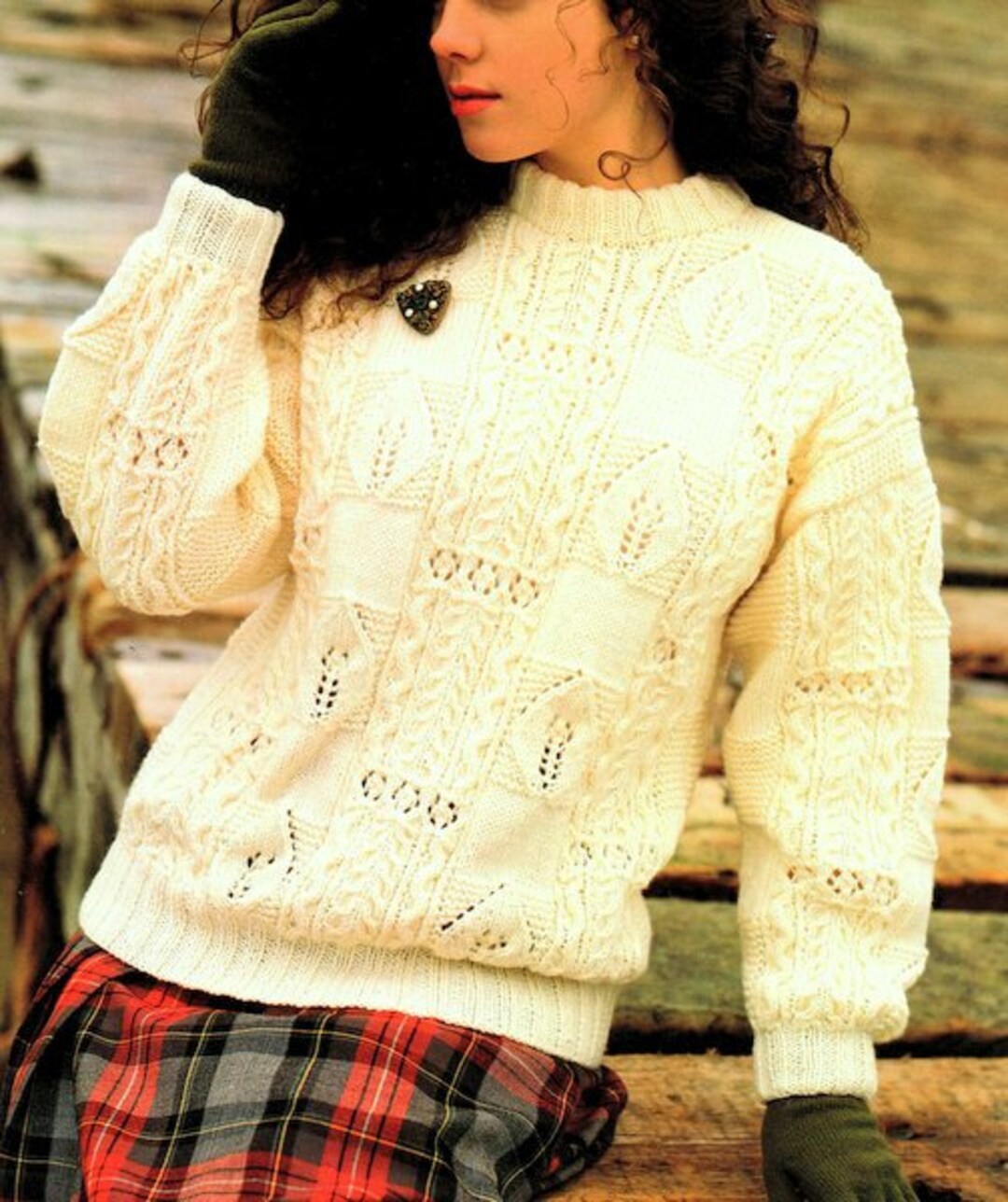 Patchwork Sampler Crew Neck Sweater Cable Leaf Drop Sleeve Womans ...