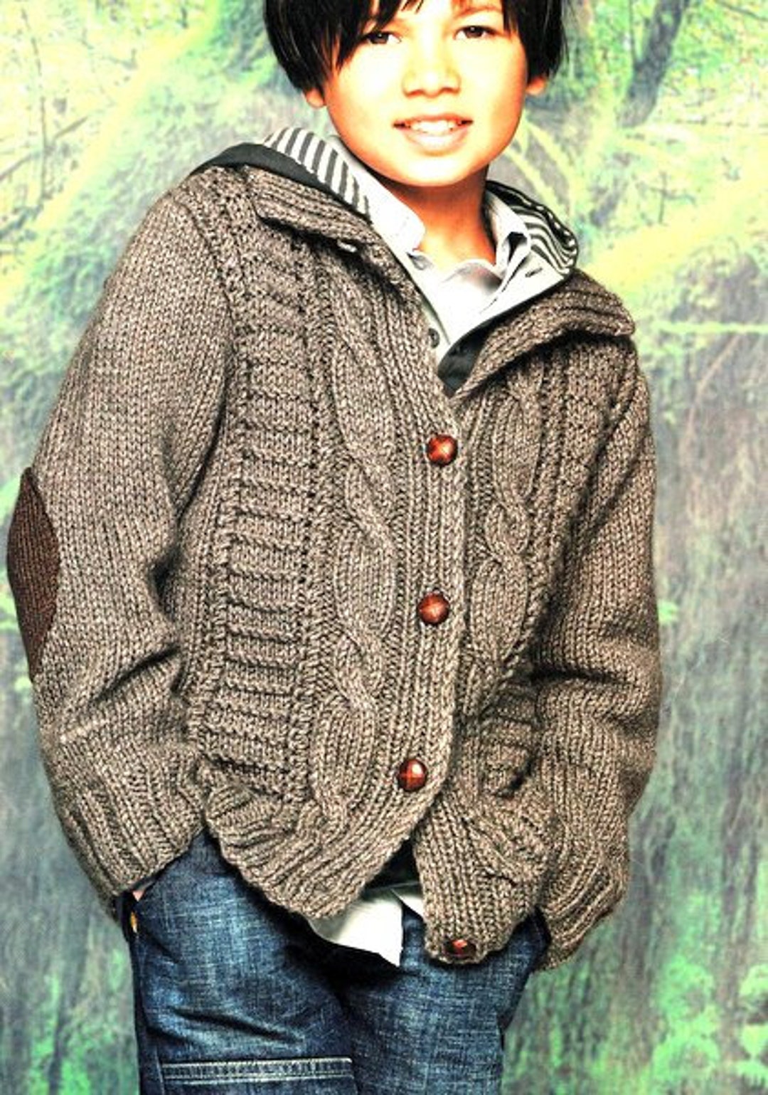 Button up Jacket Cable Elbow Patch Collar Boys Mens ~ 28 - 38"~ Chunky 12 Ply & DK 8 Ply Light ...